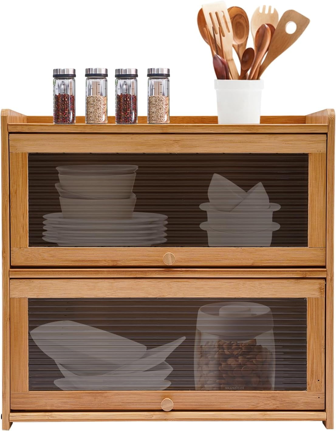 Countertop Storage Cabinet Bamboo Kitchen Pantry Sideboard with Clear ...