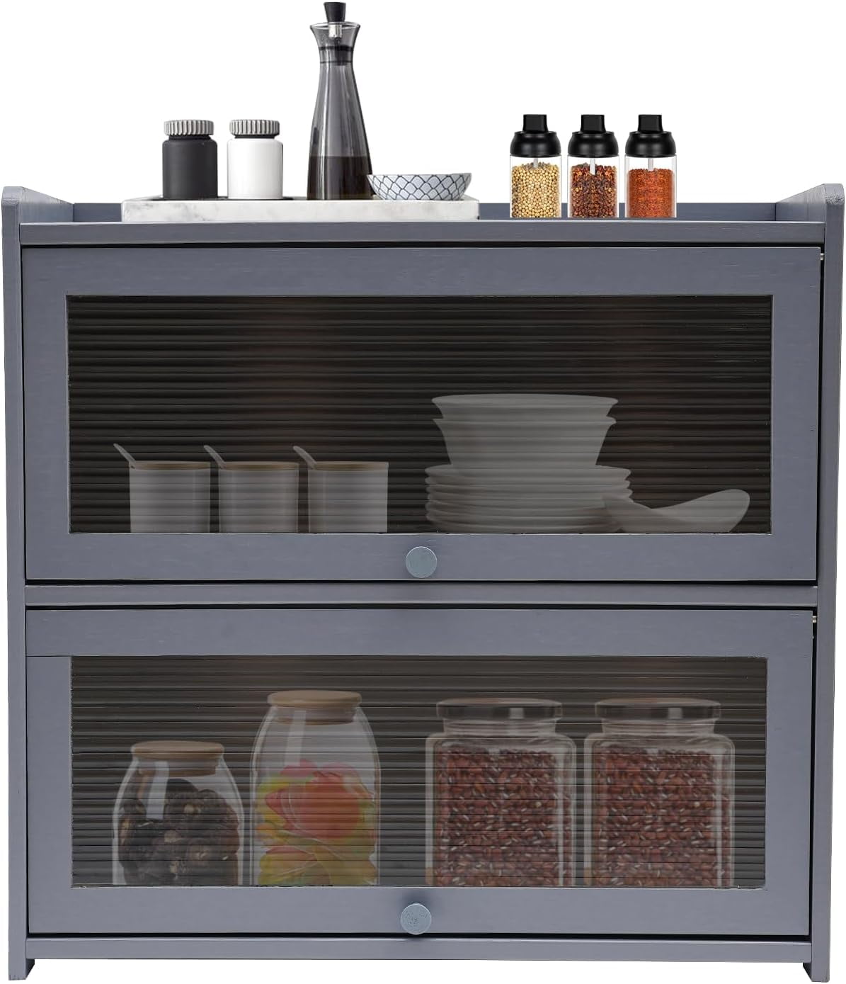 Countertop Storage Cabinet Bamboo Kitchen Pantry Sideboard with Clear ...