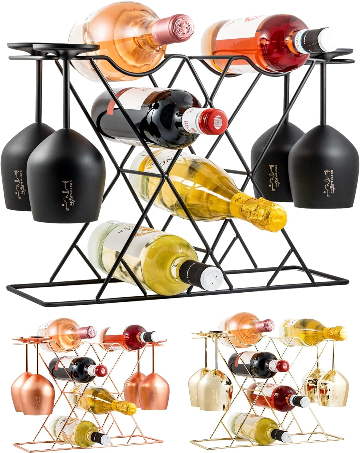 Countertop Wine Rack for 8 Bottles & 4 Glasses - Small Wine Racks with ...