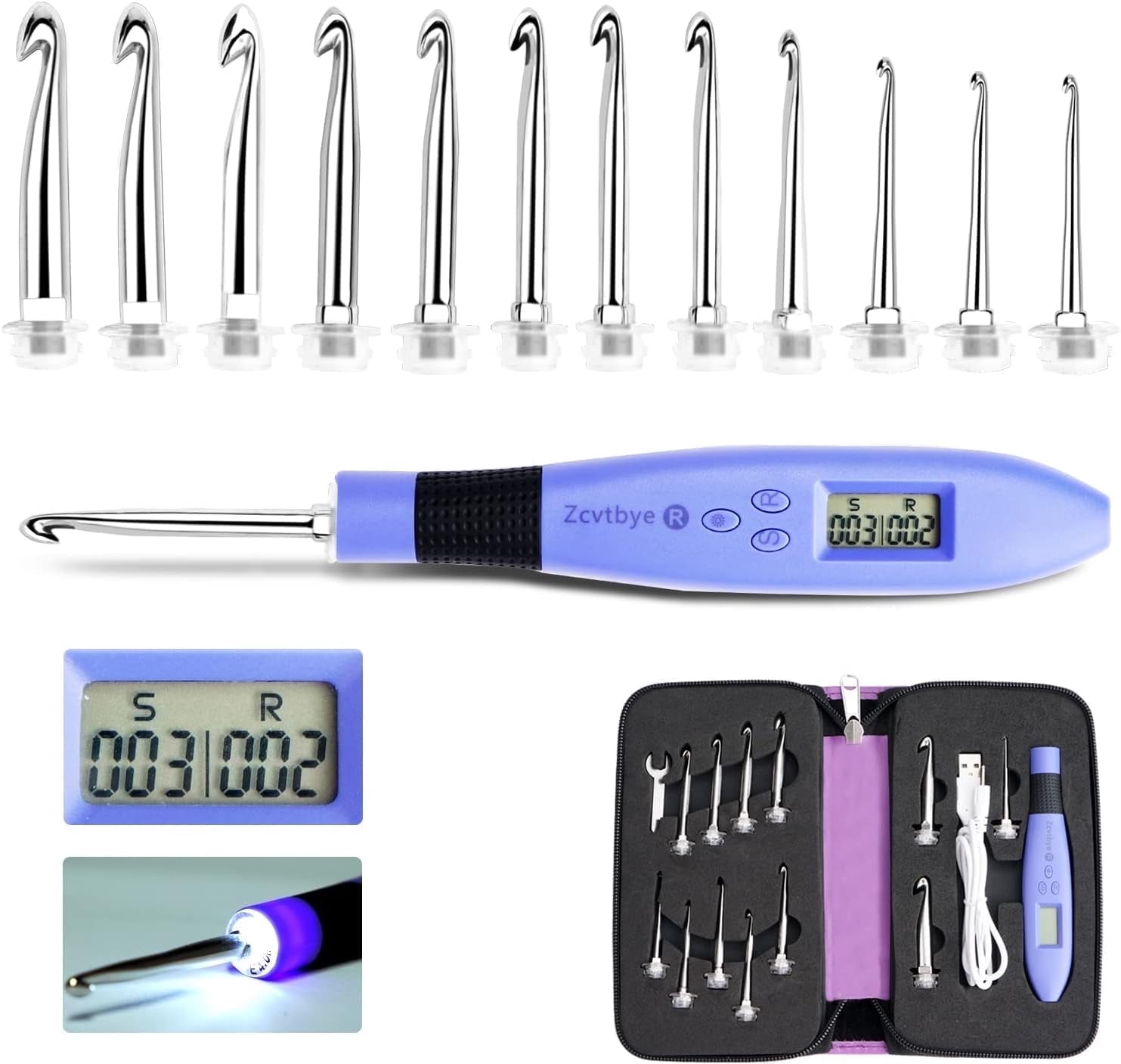 YSZZYSM Leather Crochet Hooks with Digital Stitch Counter and LED Light ...