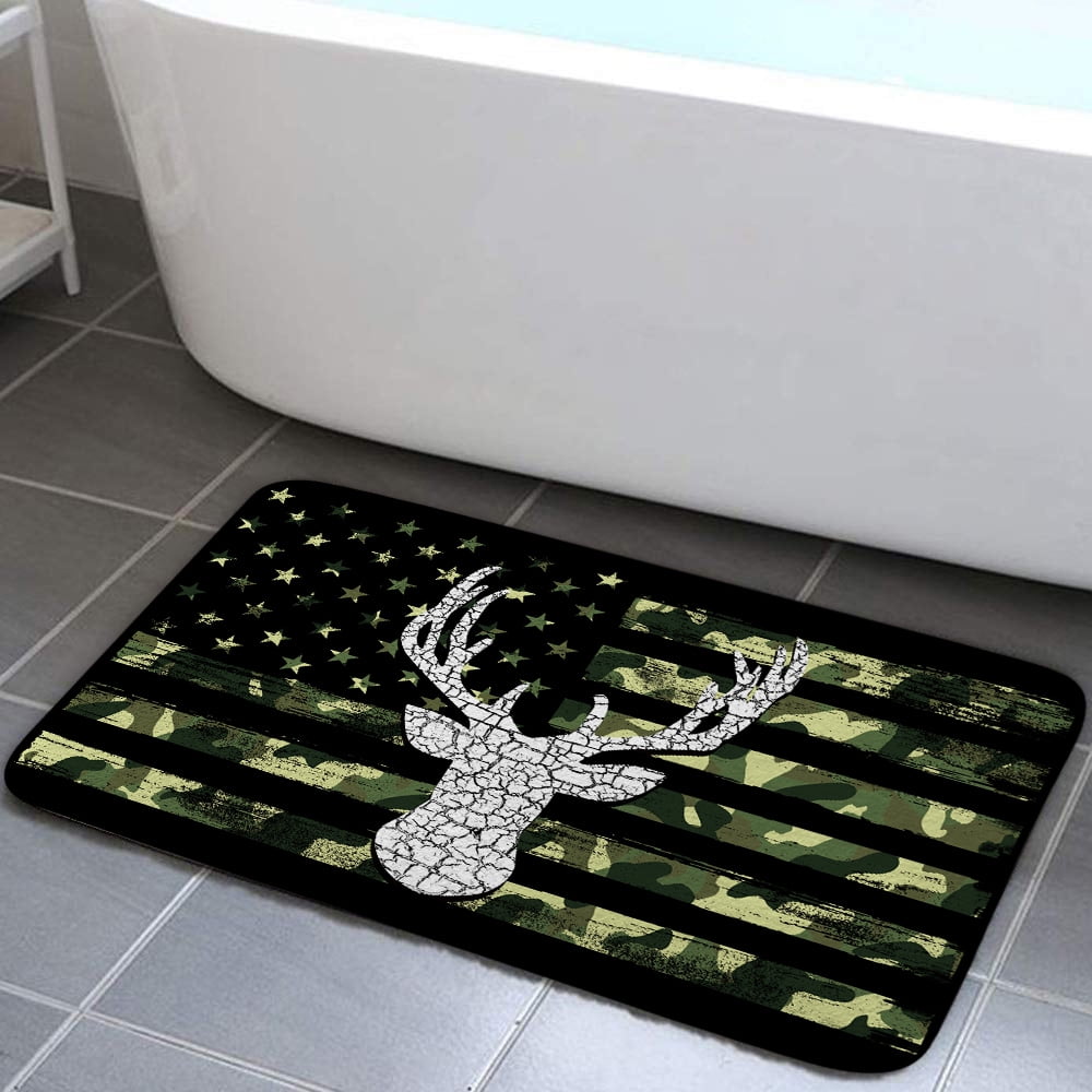 Country American Flag Deer Bath Mat for Bathroom, Rustic Hunting Camo ...