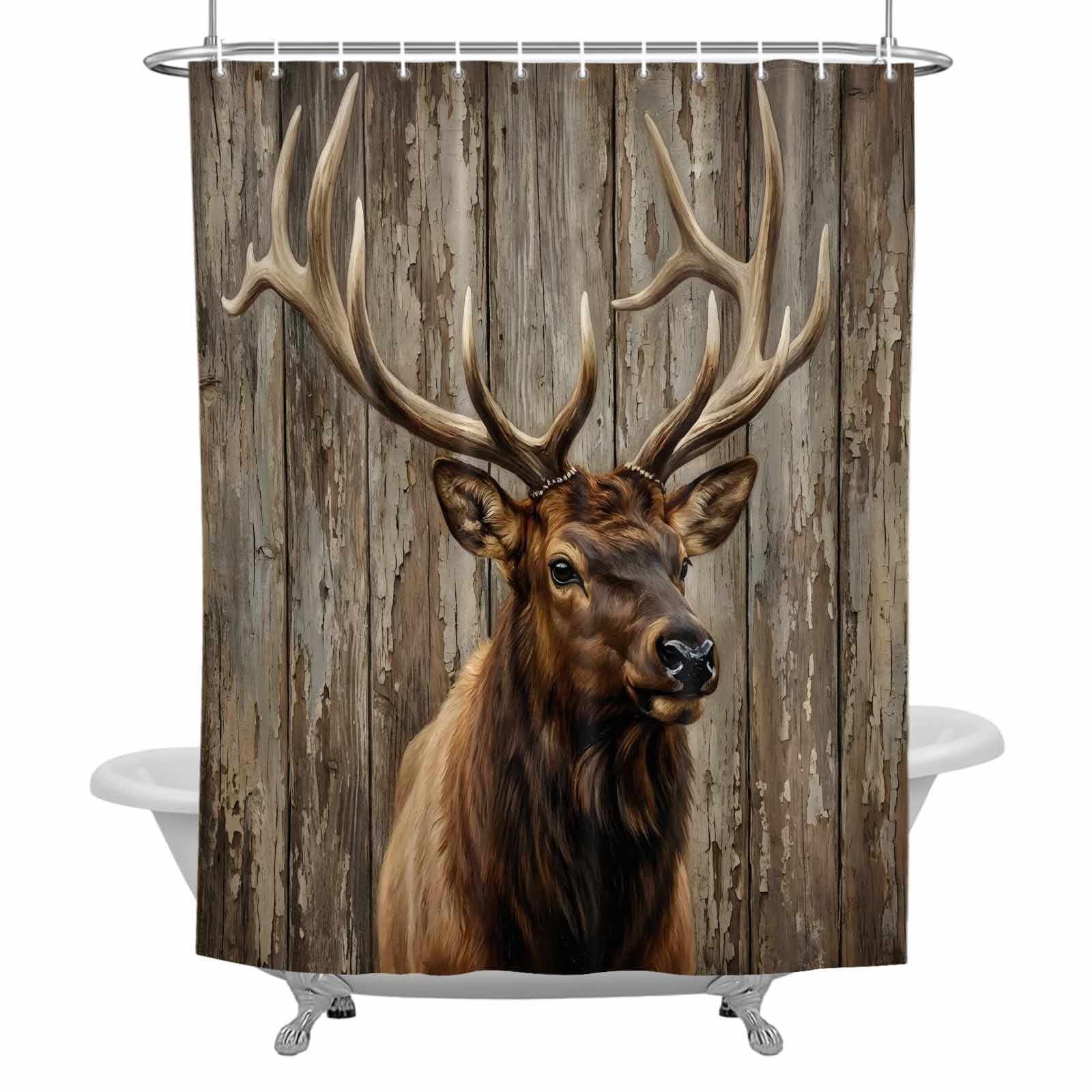 Country Animals Shower Curtain, Rustic Elk Wood Wood Plank Waterproof ...