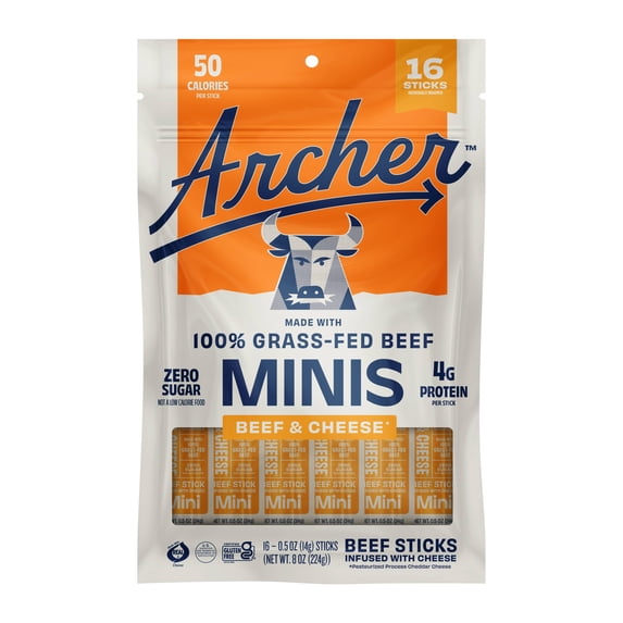 Archer Beef & Cheese Mini Jerky Sticks, 4g Protein, Zero Sugar, 0.5 oz ...