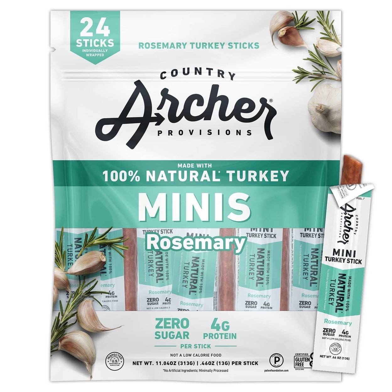 Country Archer Mini Rosemary Turkey Sticks, 0.46 Ounce, Pack of 24 ...