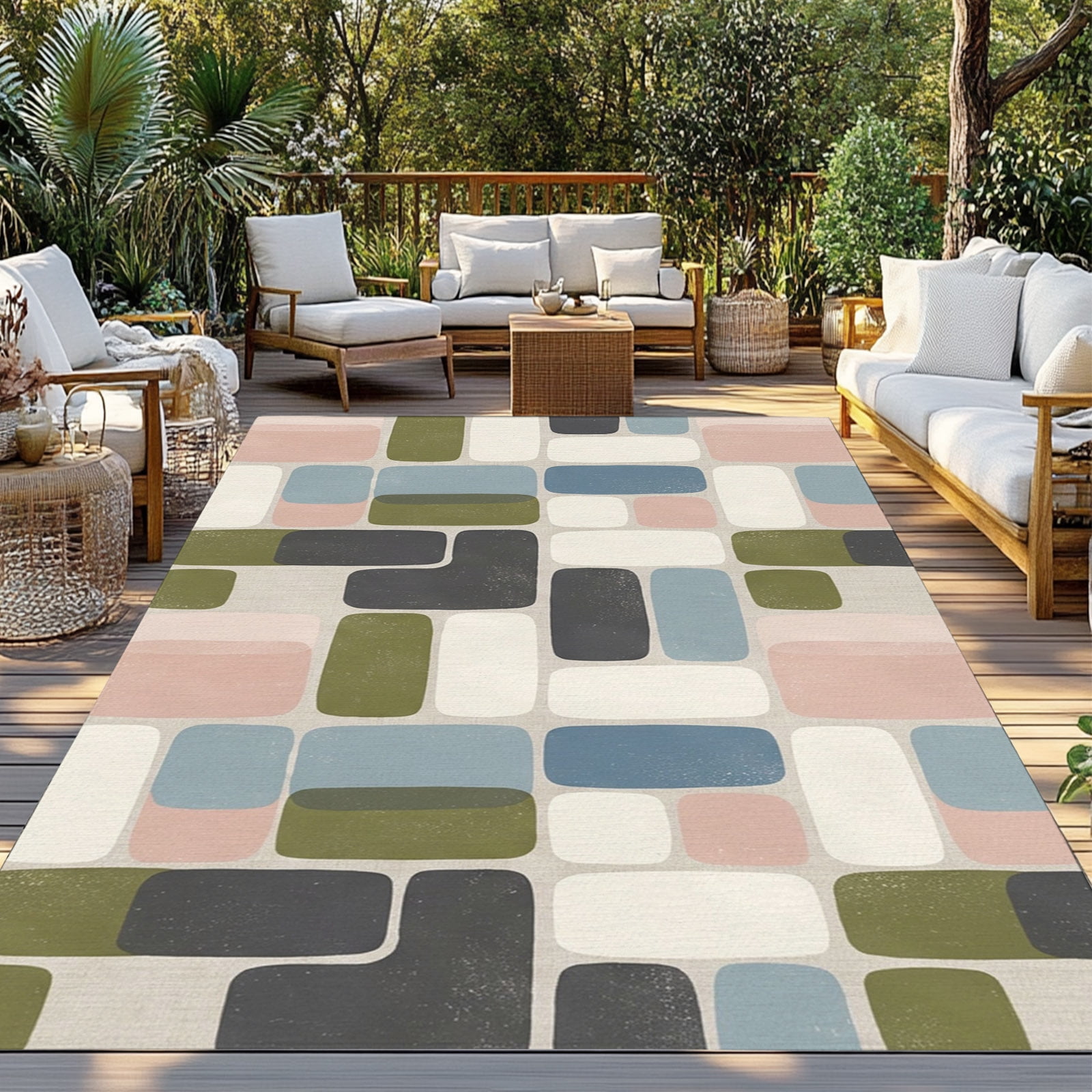 Country Art Indoor Outdoor Rugs 4x6 Ft, Watercolor Green Blue Beige ...
