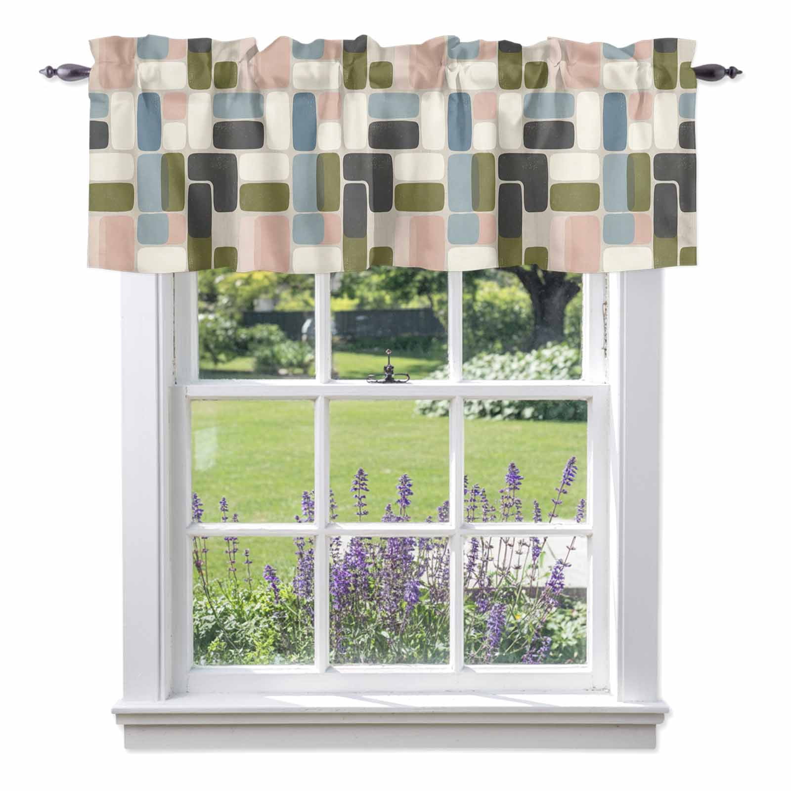 Country Art Valance Curtain Watercolor Green Blue Beige Geometric Grid ...