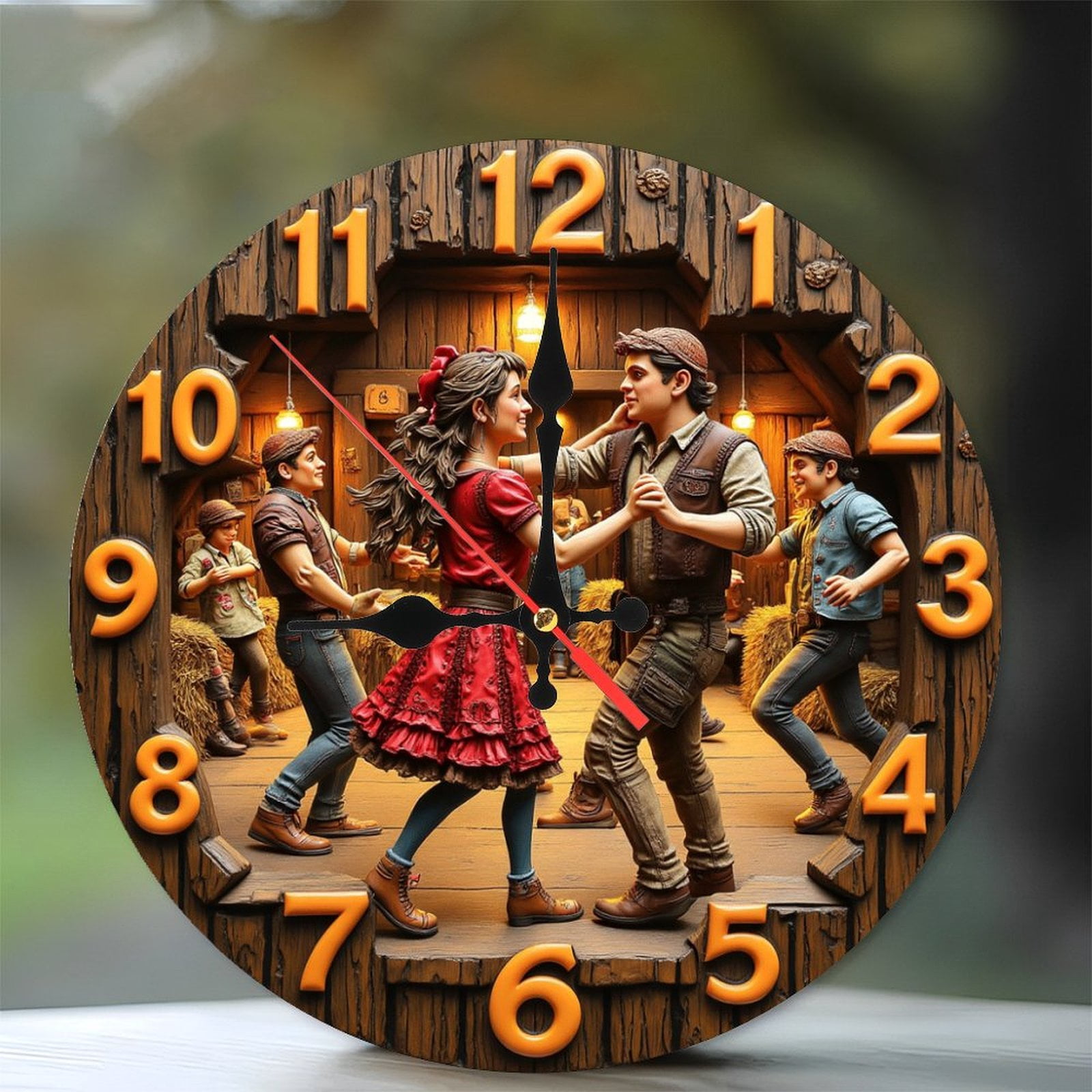Country Barn Dance Couple Resin Clock Wall Decor 10-Inch Silent Wooden ...