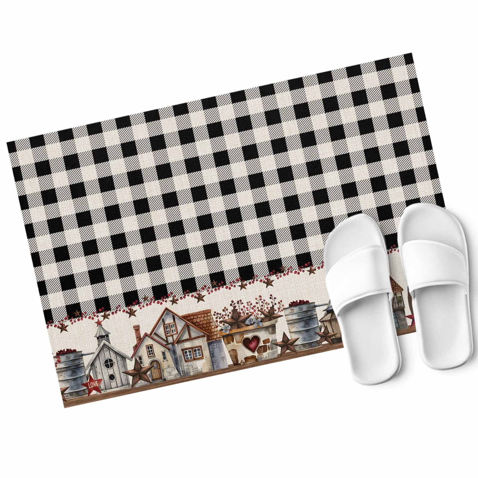 Country Barn Door Mat House Bucket Farmhouse Black Buffalo Plaid Non ...