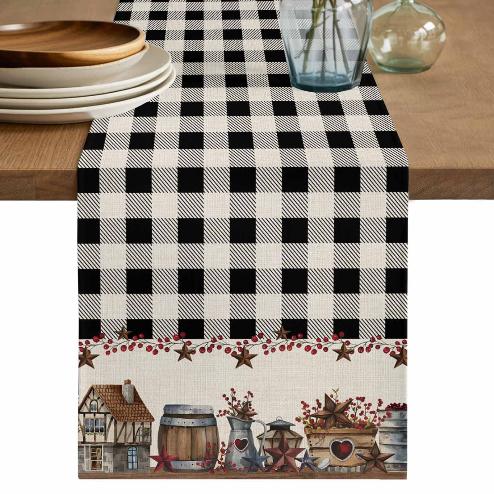 Country Barn Table Runner, House Bucket Farmhouse Black Buffalo Plaid ...