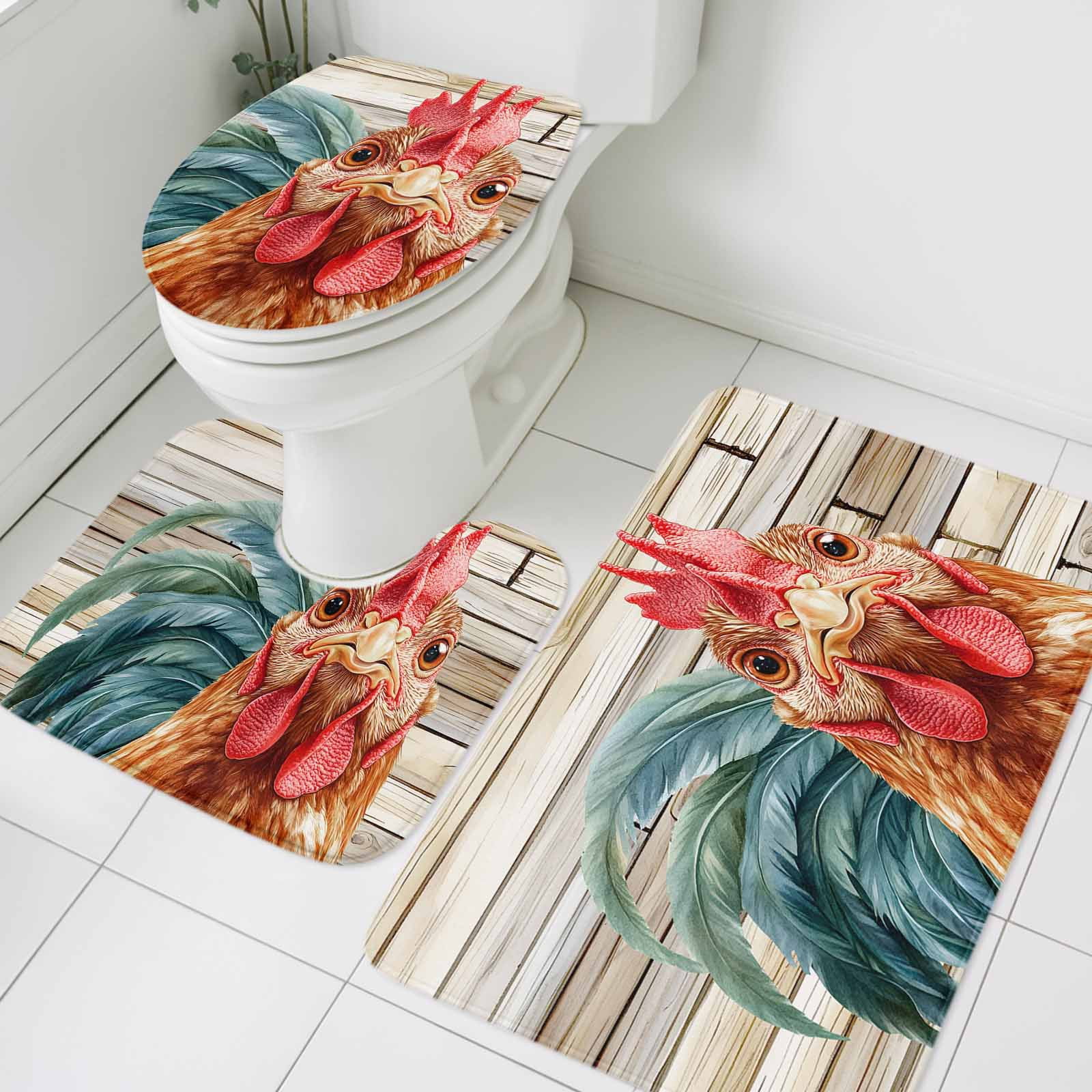 Country Bathroom Rugs Set Farmhouse Rooster Wood Grain Non Slip ...