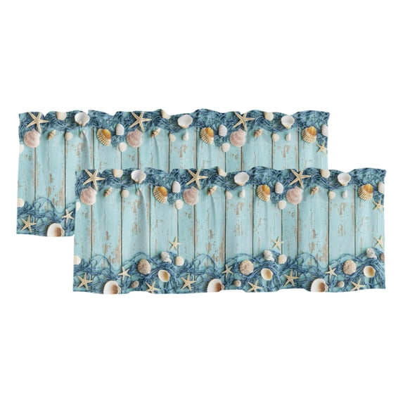 Country Beach 2 Panels Kitchen Valance, Blue Wood Grain Seashell ...