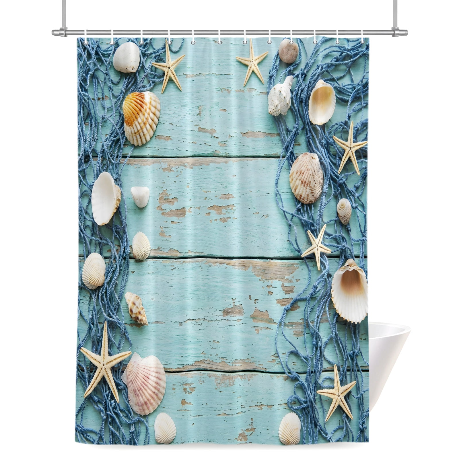 Country Beach Shower Curtains for Bathroom, Blue Wood Grain Seashell ...