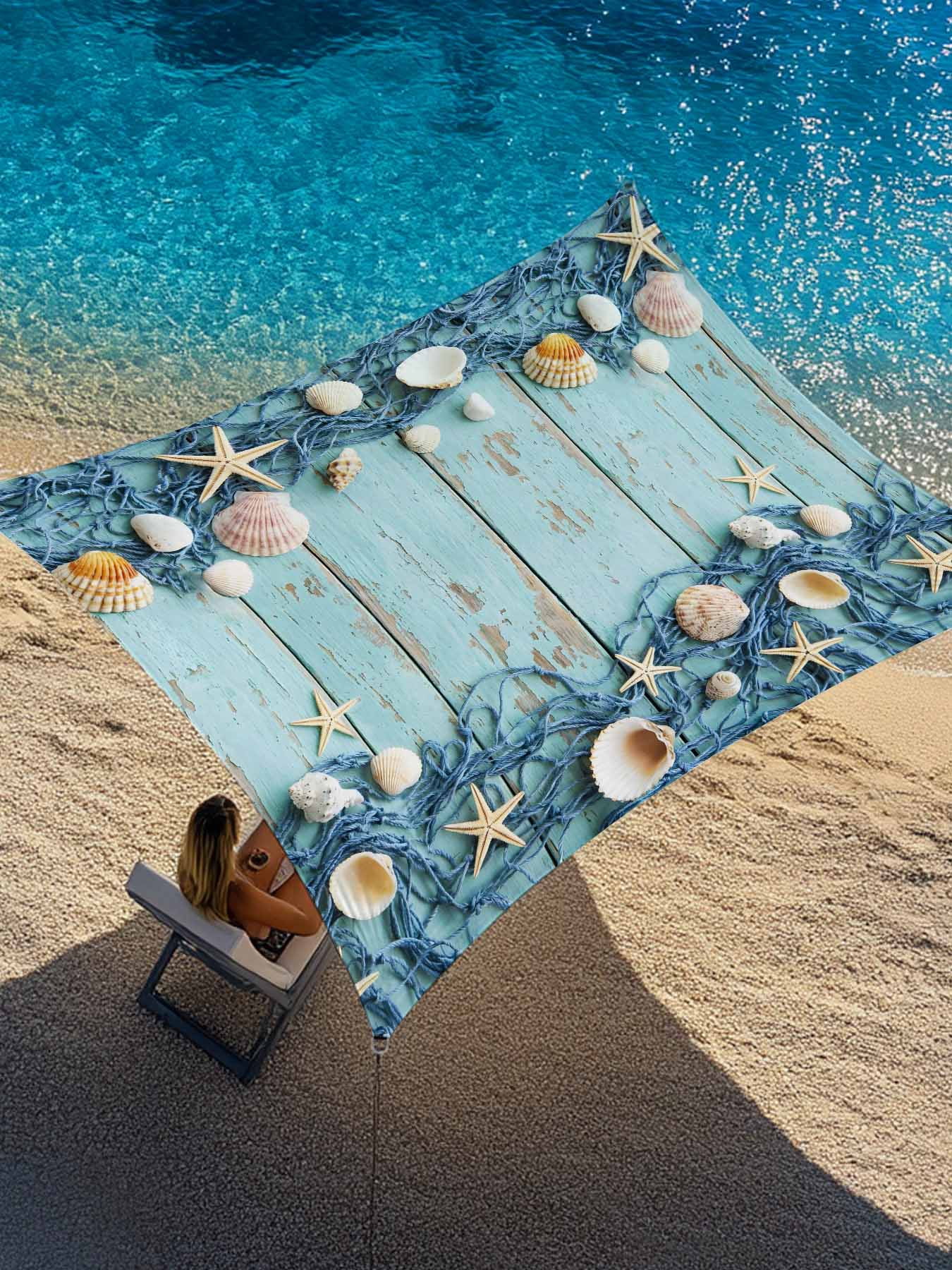 Country Beach Sun Shade Sail 6.5' x 10', Blue Wood Grain Seashell ...