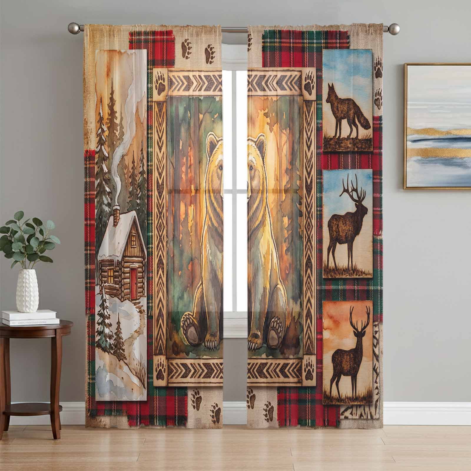 Country Bear Deer Sheer Curtains for Living Room Bedroom Boho Retro ...