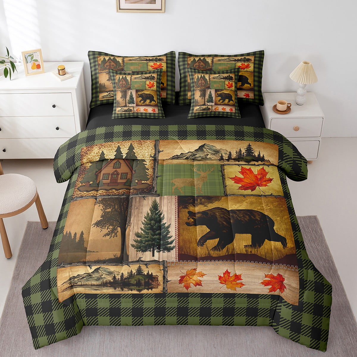 Country Bear King Comforter Set 7 Pcs,Green Black Buffalo Grid Tartan ...