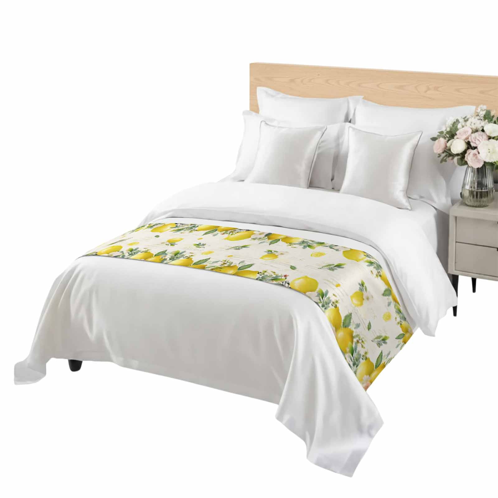 Country Bed Runner Cal King Size Vintage Yellow Lemon Flowers Linen ...