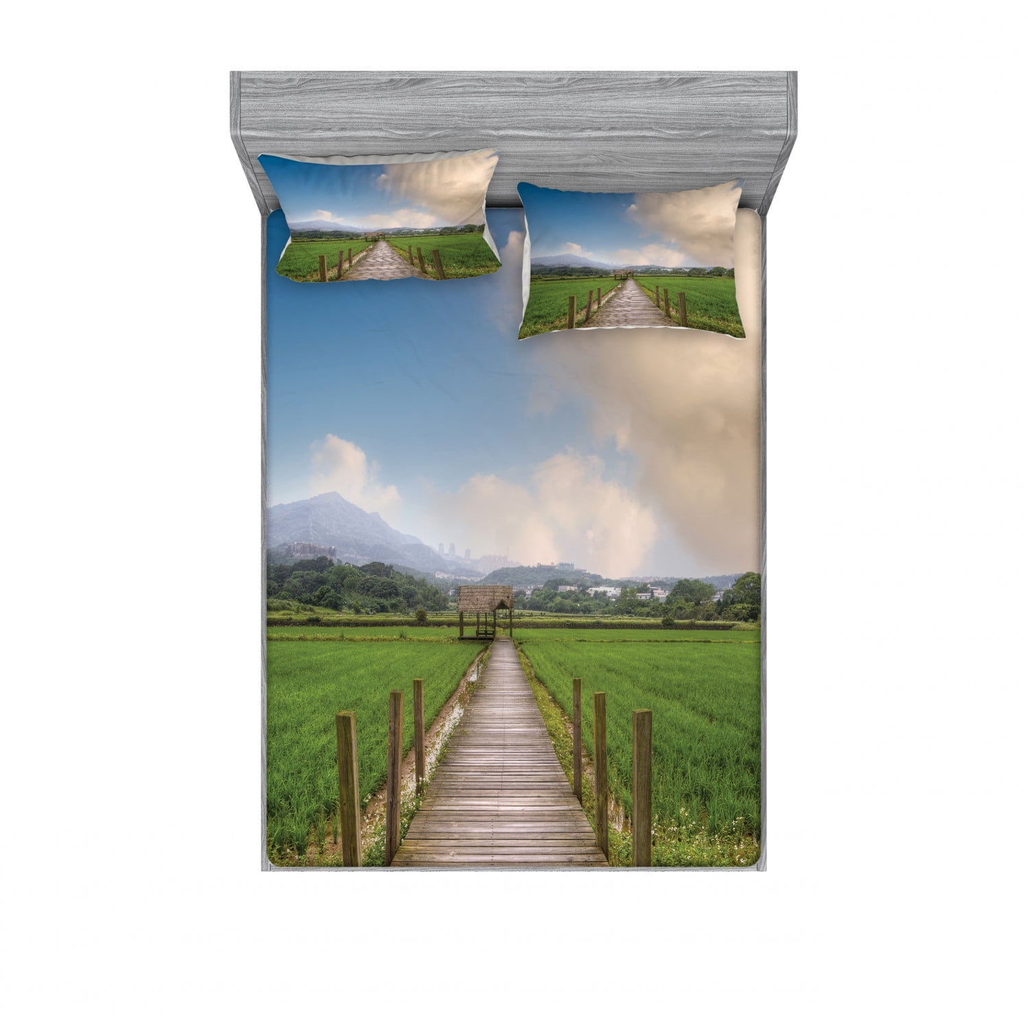 Country Bedding Set with Sheet & Covers, Rural Scenery with Wooden Path ...