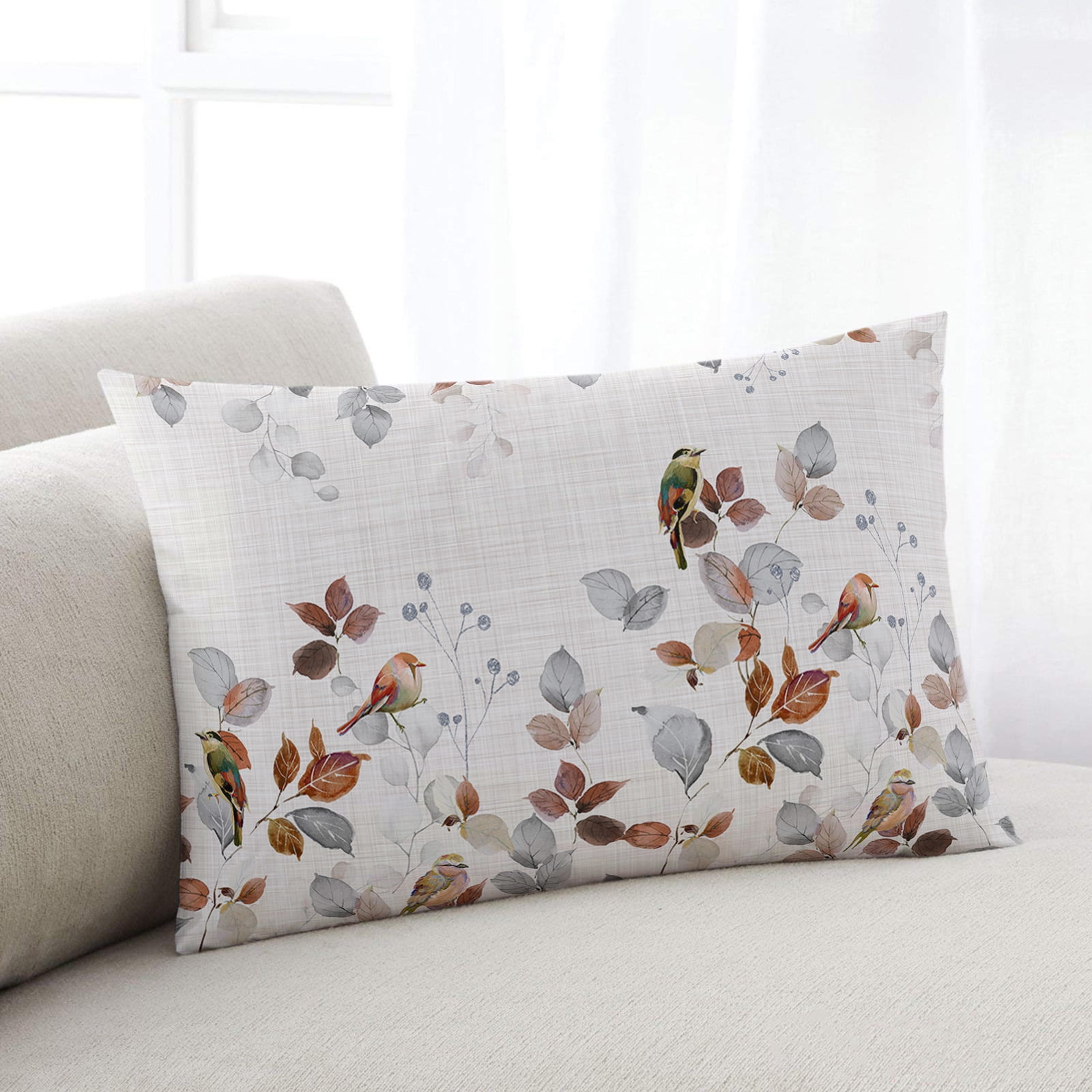 Country Bird Leaf Throw Pillow Cover,Fall Botanical Rustic Orange and ...