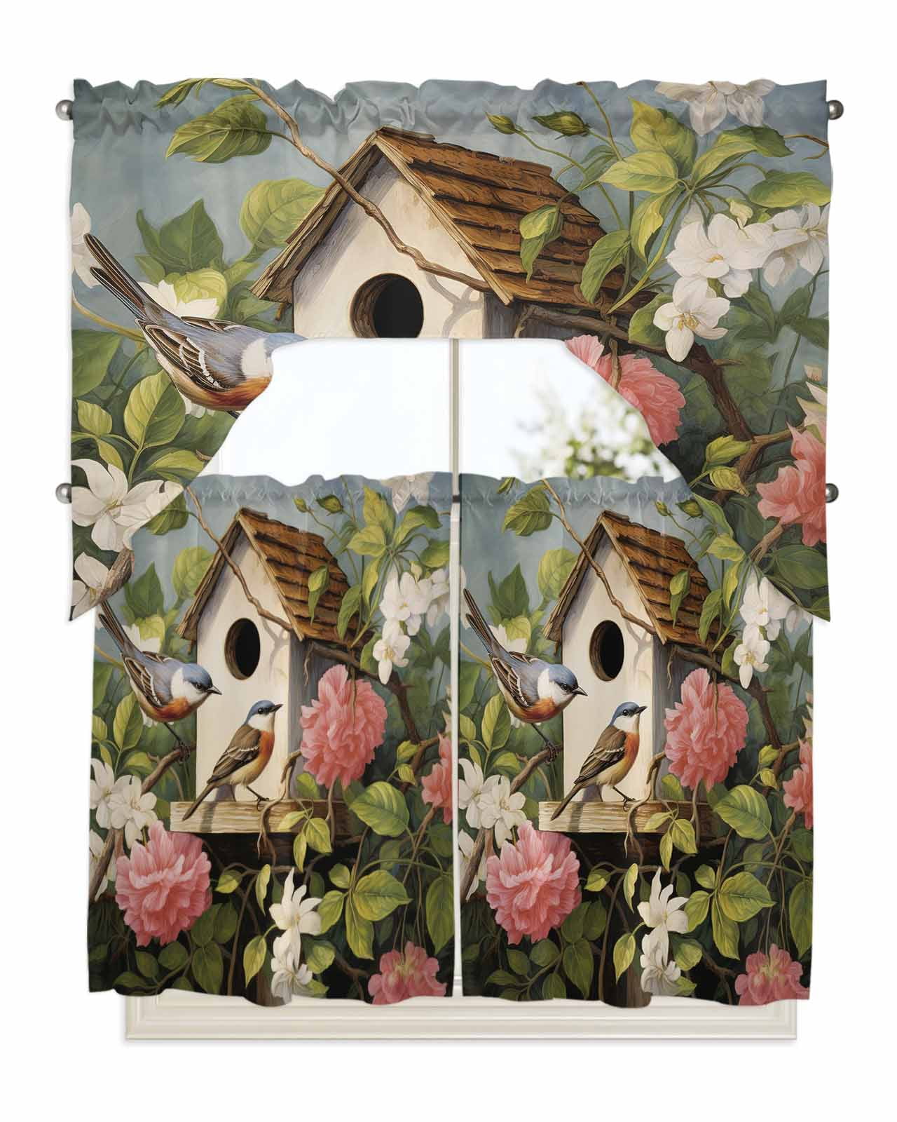 Country Birdhouse, Kitchen Curtains Swag Valance and Tier Curtains Set ...