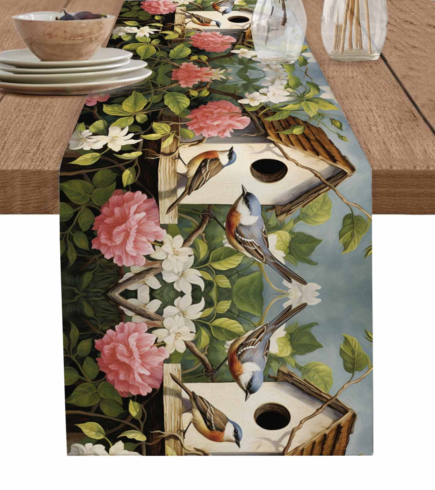 Country Birdhouse, Table Runner Spring Summer Floral Leaves Plant ...