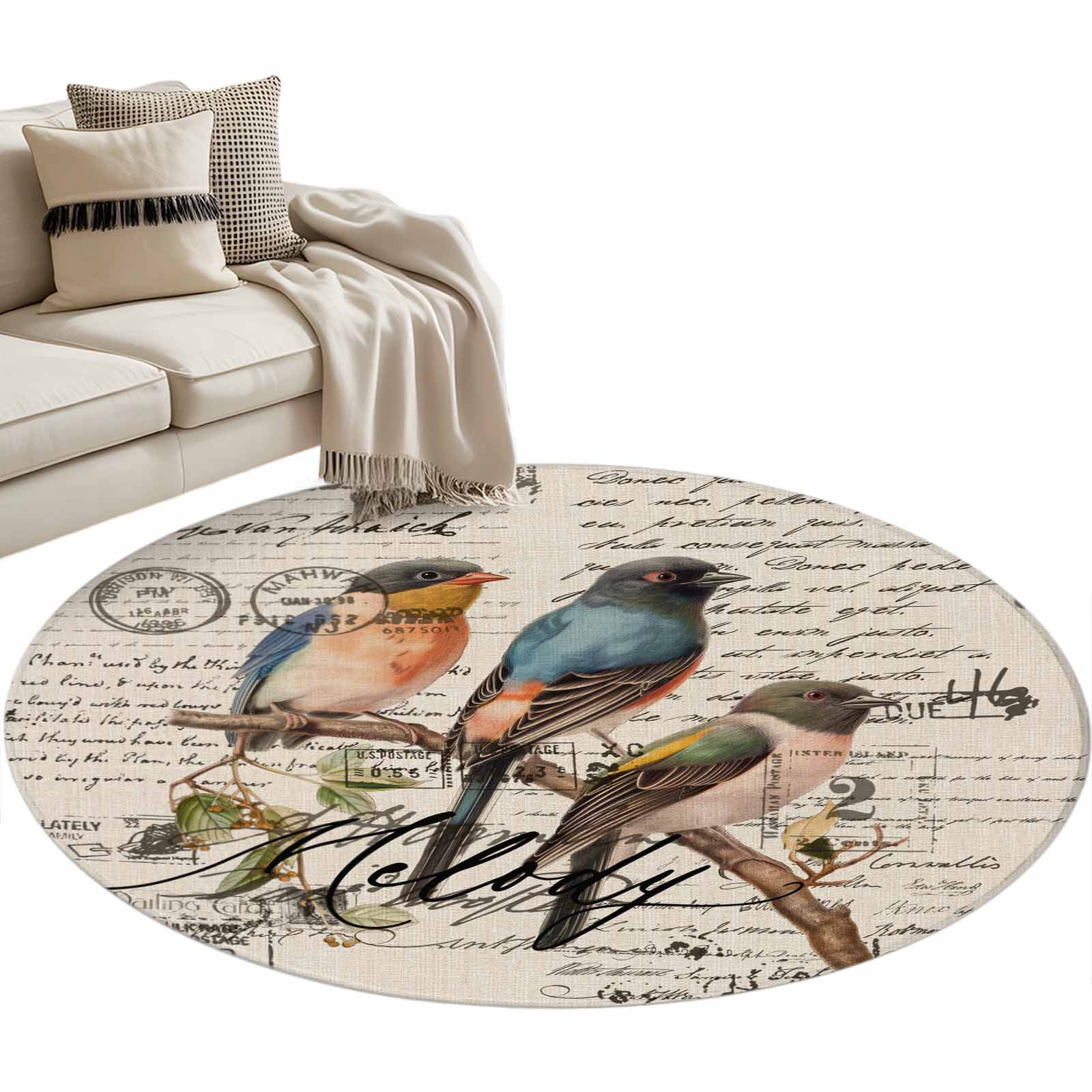 Country Birds Round Area Rug 4ft, Envelope Postmark Vintage Farmhouse ...