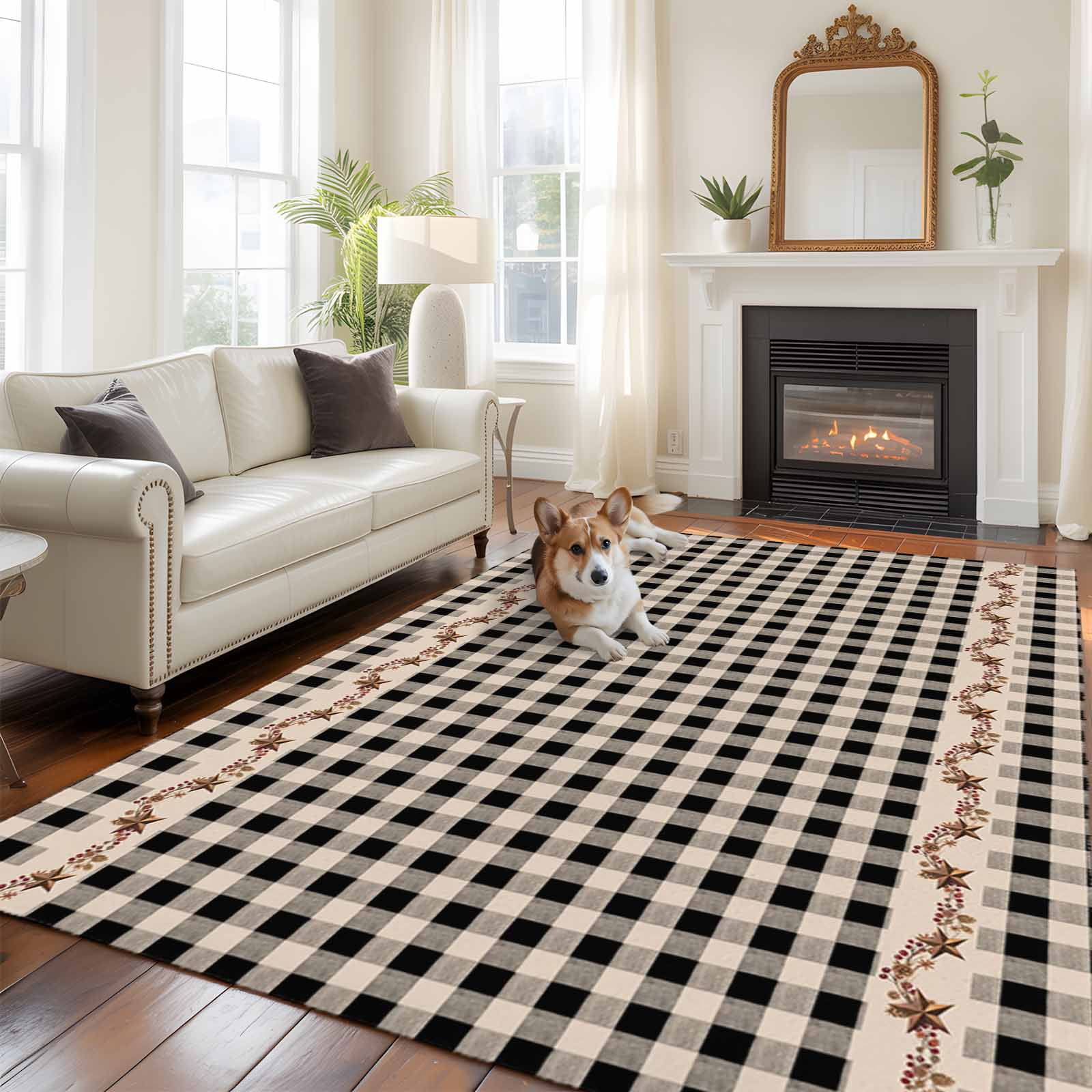 Country Black Buffalo Plaid Large Area Rugs 5x8 ft Retro Star Berries ...