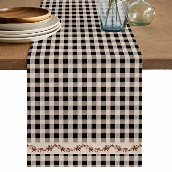 Country Black Buffalo Plaid Table Runner, Retro Star Berries Vine Linen ...