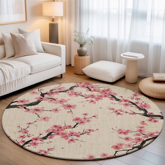 Country Blossom Cherry Flower Round Rug 5ft Spring Pink Floral Retro ...