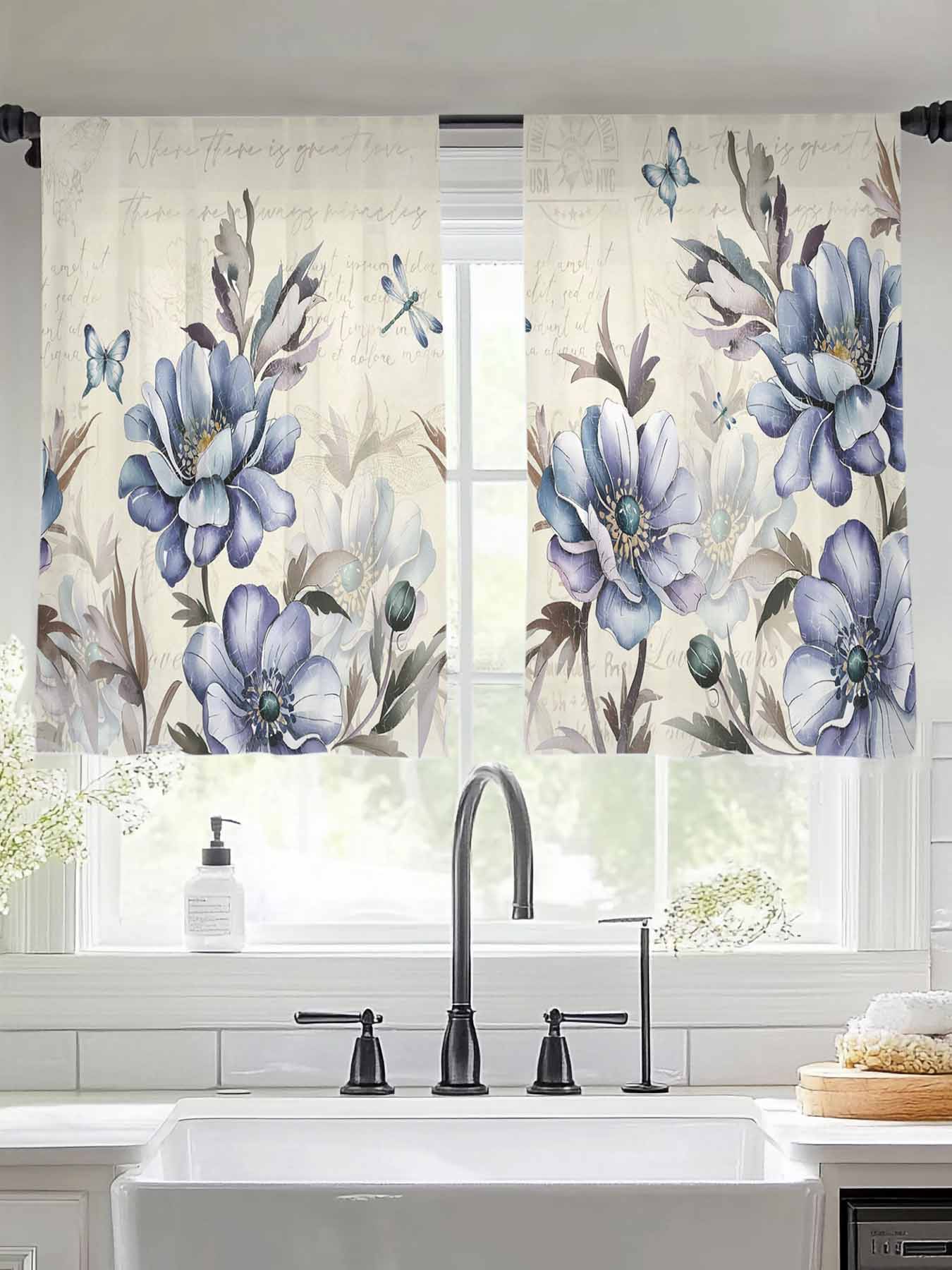 Country Blue Flower Farm Floral Plant Chiffon Sheer Curtains 45 Inches ...