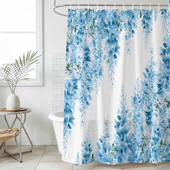 Country Blue Flower Leaf Shower Curtain Set, Waterproof Shower Curtains ...