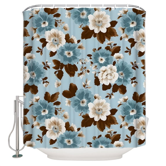 Country Blue Flowers Bathroom Shower Curtains with 12 Hooks Waterproof ...