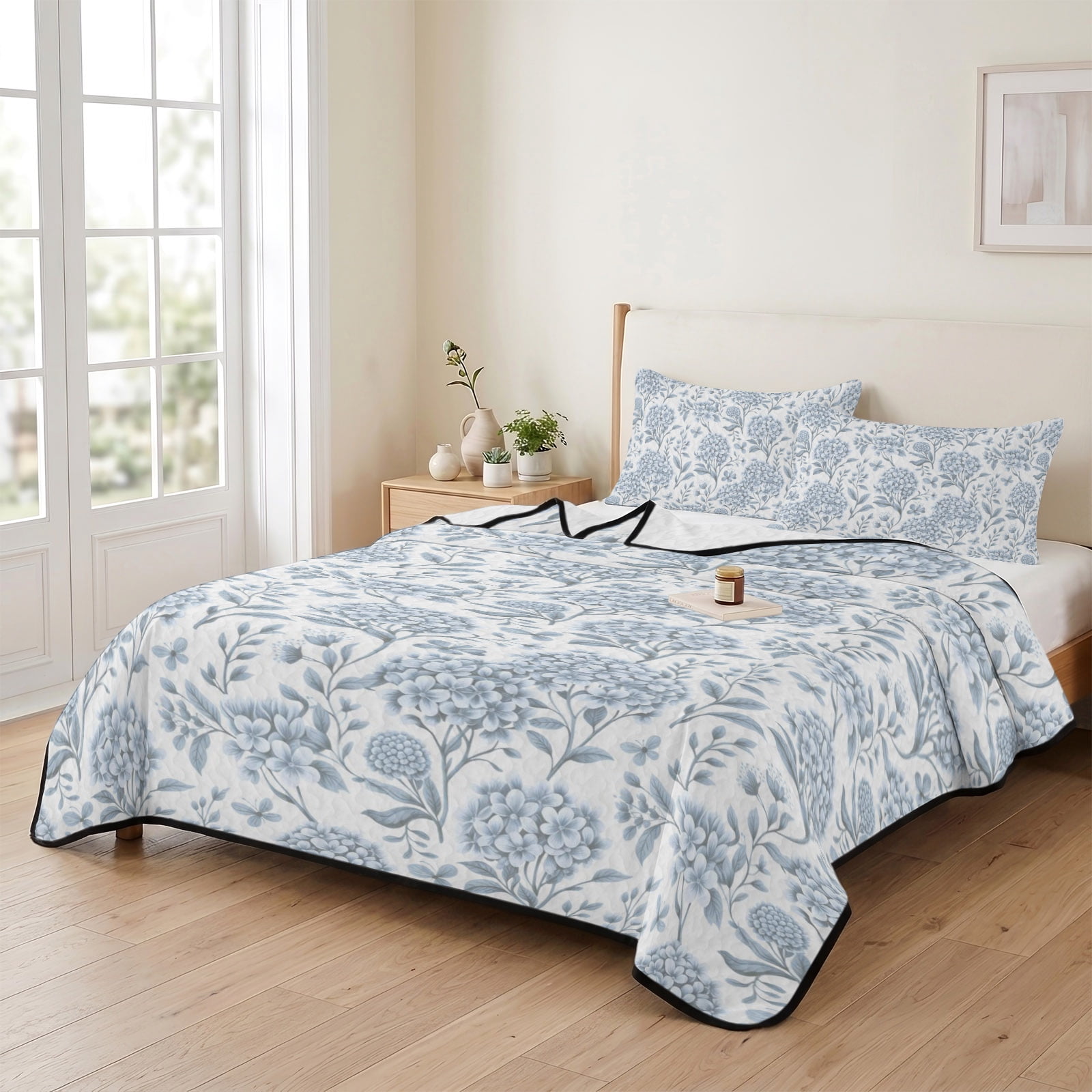 Country Blue Flowers Hydrangeas 3 Pieces Quilt Set,1 Quilt with 2 Shams ...