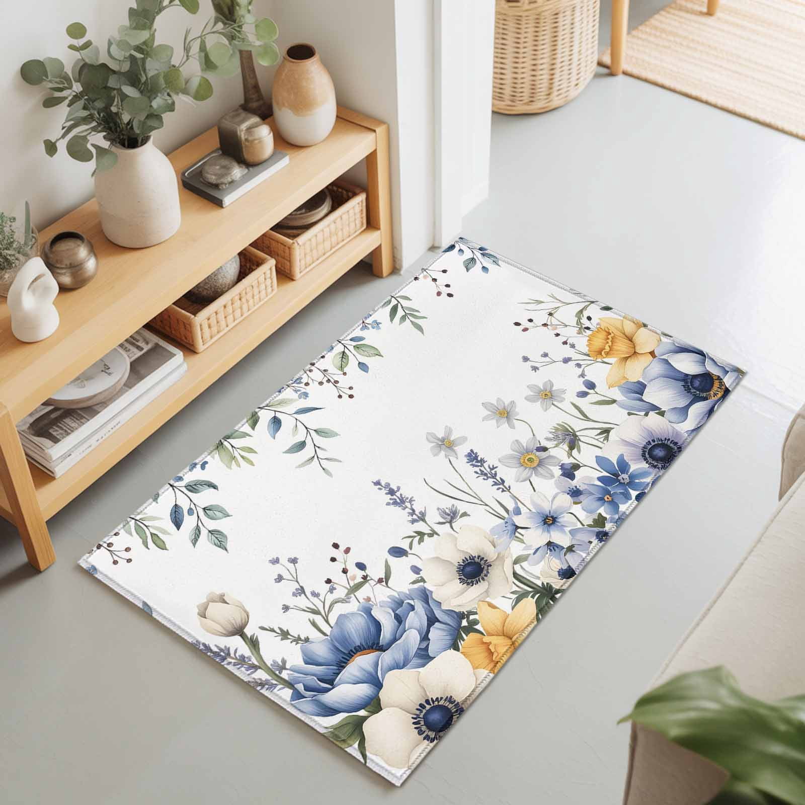 Country Blue Flowers Rectangle Rug 2'x3' Watercolor Eucalyptus Leaves ...