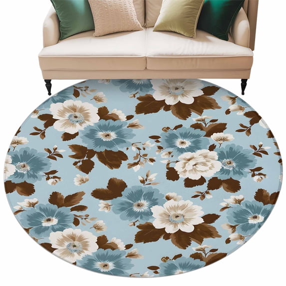 Country Blue Flowers Round Rug 8ft Washable Circle Rugs Non Slip Brown ...