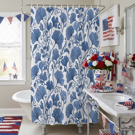 Country Blue Ginkgo Leaf Shower Curtain for Bathroom, Watercolor ...