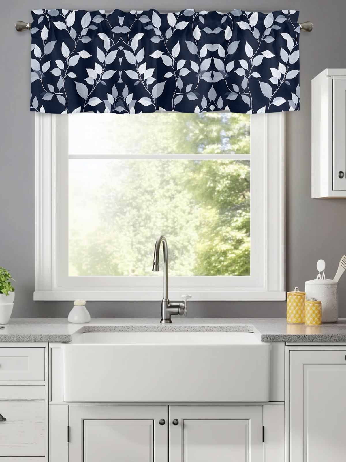 Country Blue Leaves Vines Valances for Windows,Kitchen Valance Rod ...