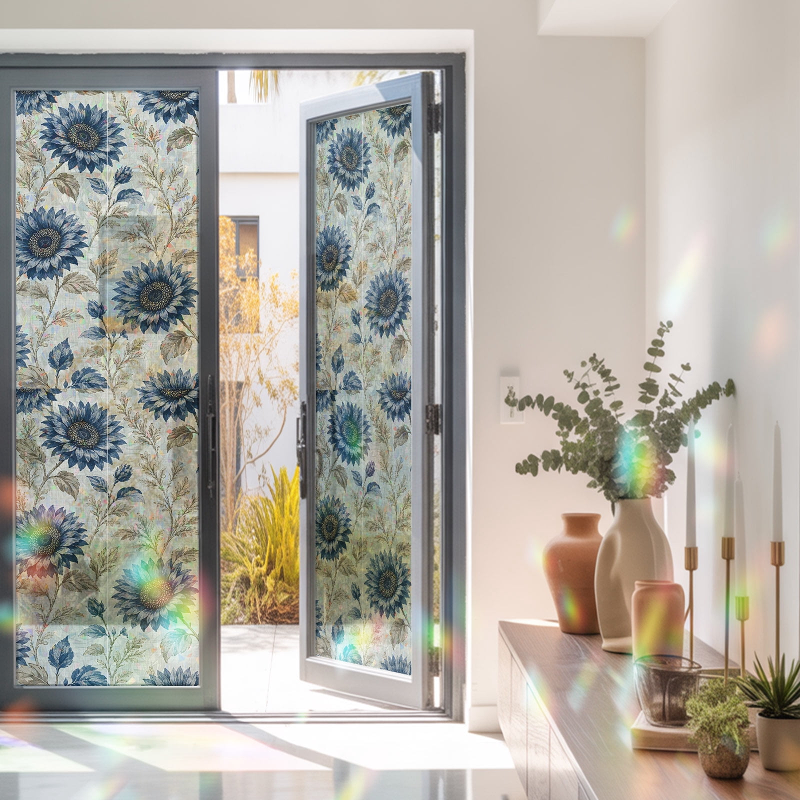 Country Blue Sunflowers Window Privacy Film, Rainbow Film Decorative ...