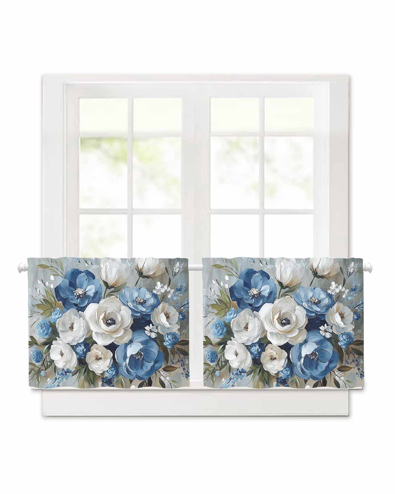 Country Blue White Blossom Floral Short Blackout Curtains 24 Inch Long ...