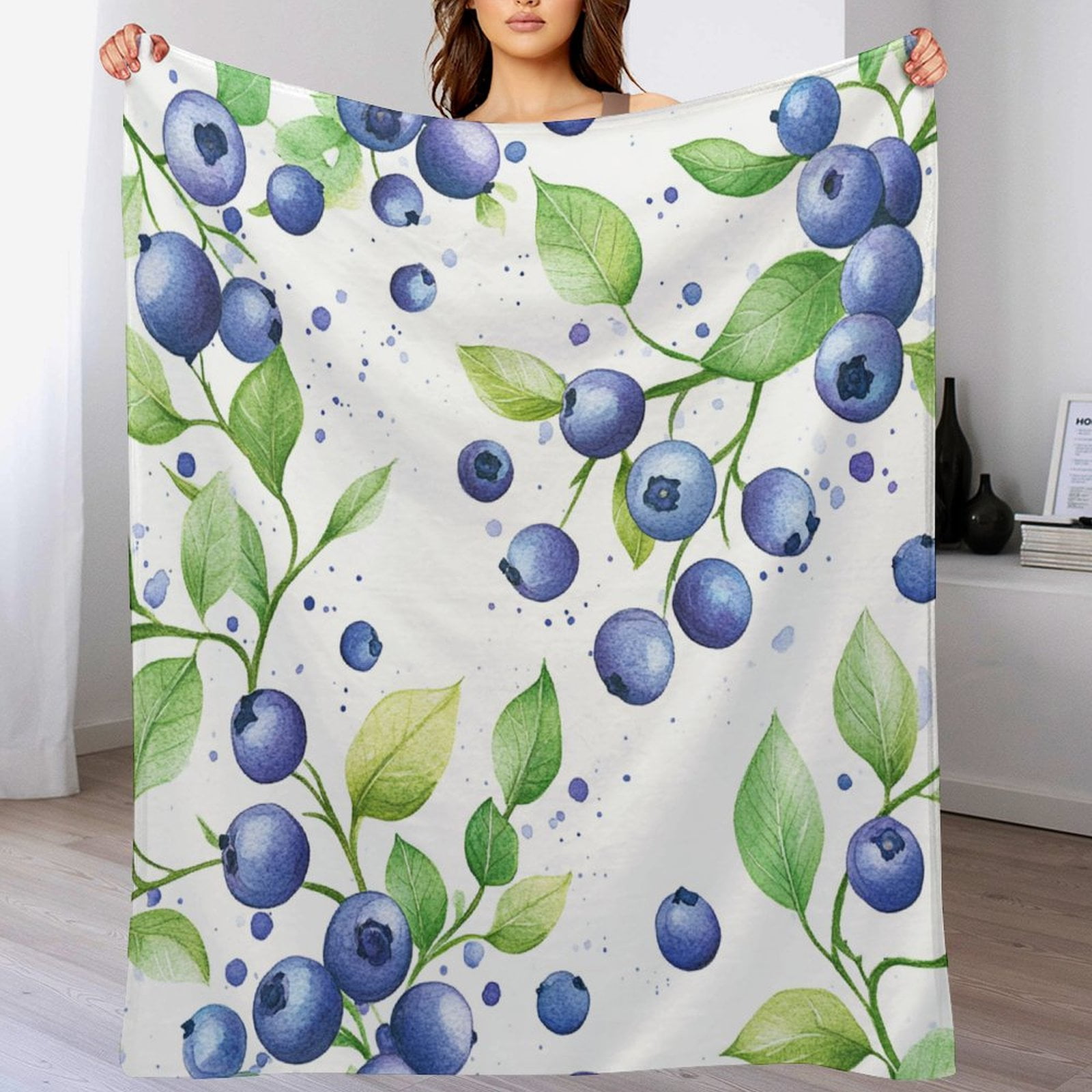 Country Blueberries Plush Flannel Blanket 50"x60" Nature Watercolor ...