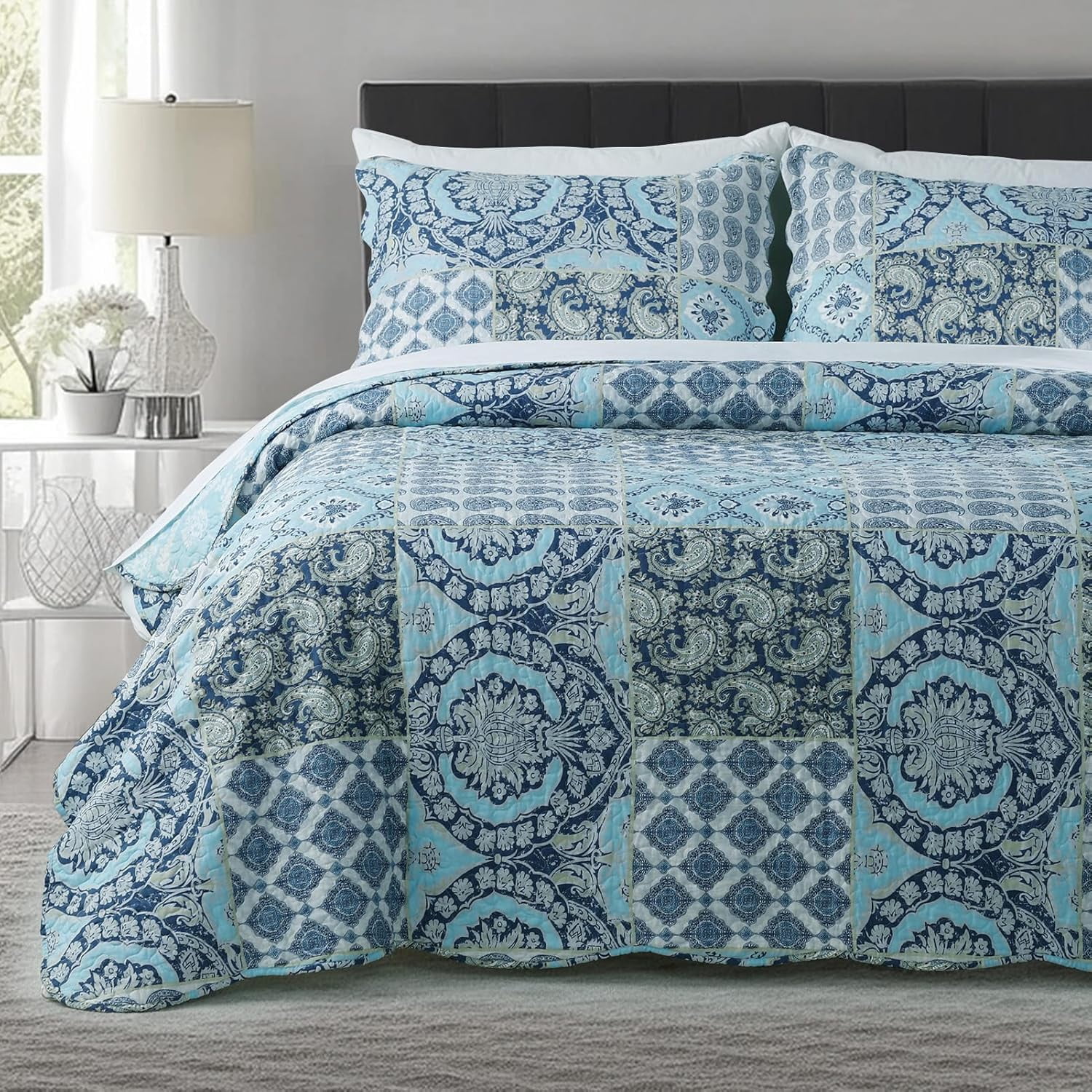 Country-Chic Printed Pre-Washed Quilt Bedding Set - Microfiber Fabric ...