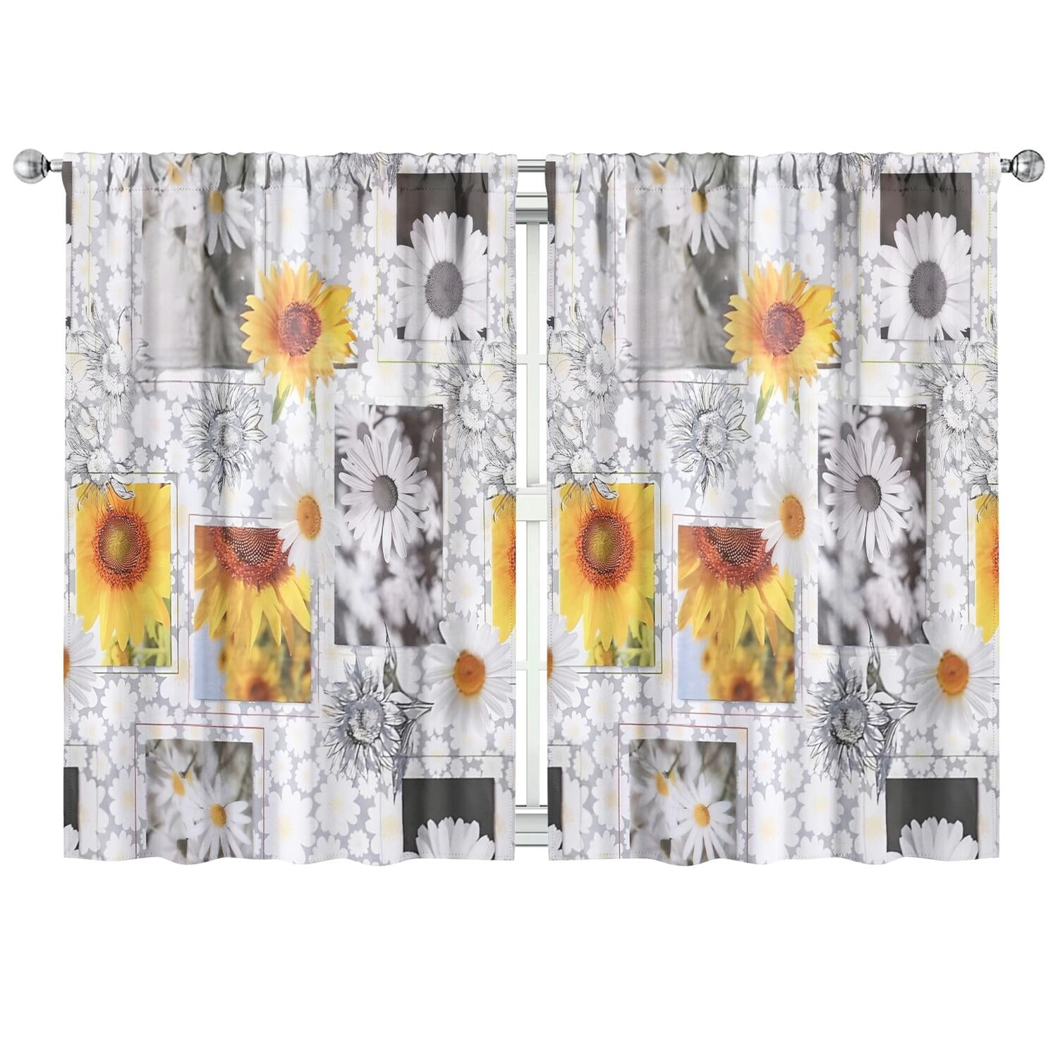 Country Chic Sunflower Print Curtains - 2 Pack Yellow Bloom Farmhouse Semi-Sheer Tier Kitchen ...