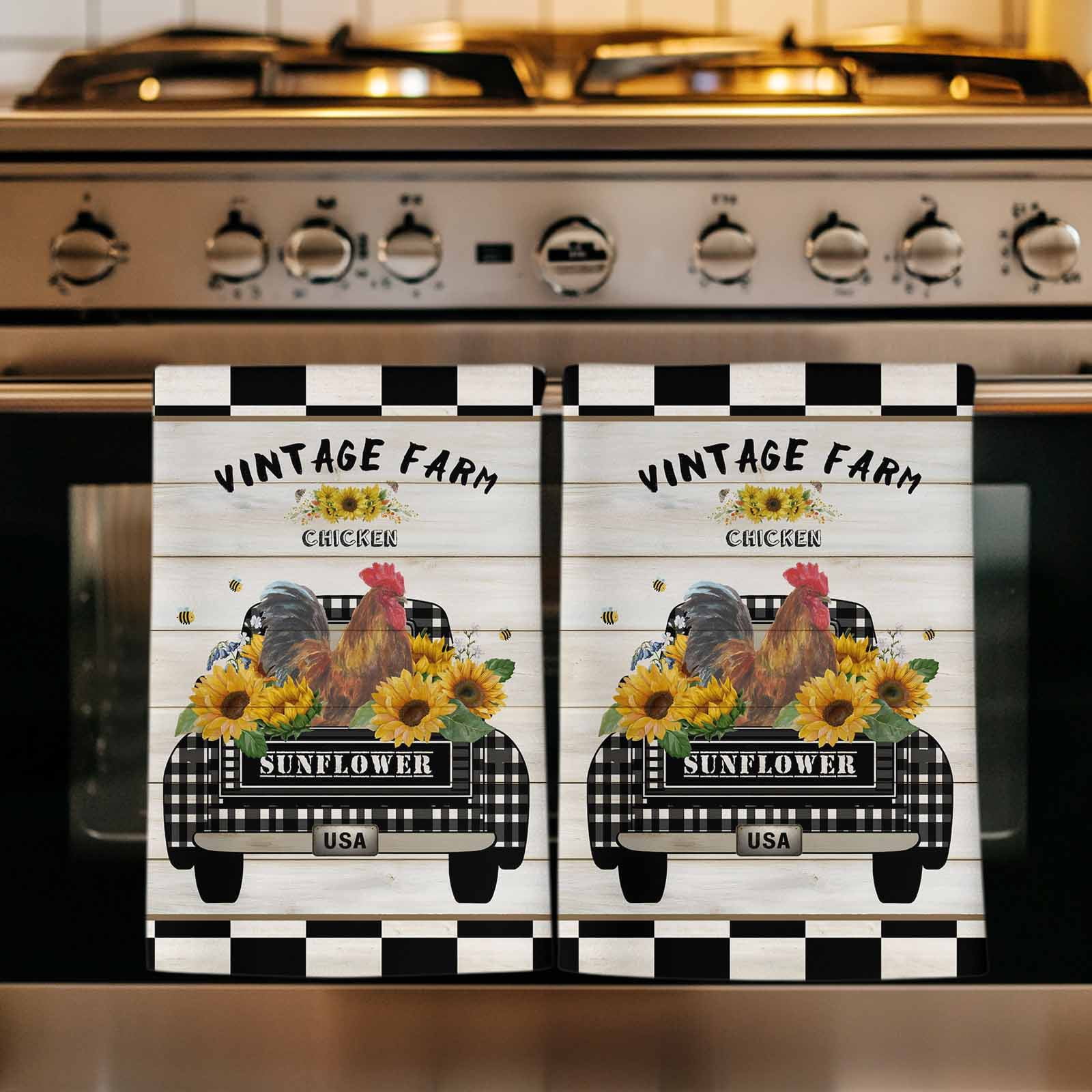 Country Chicken Kitchen Towels Set of 2, Rustic Car Sunflowers ...
