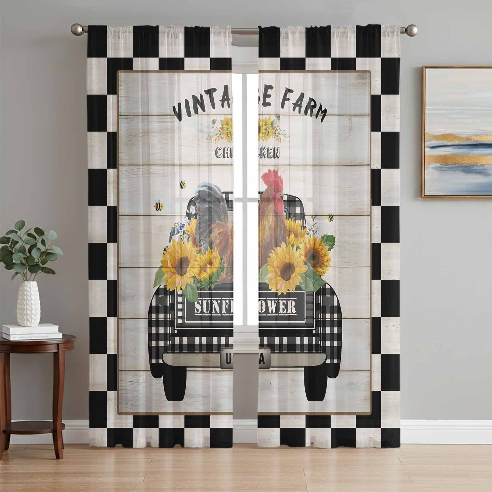 Country Chicken Sheer Curtains 72 Inch Length 2 Panels Set, Rustic Car ...