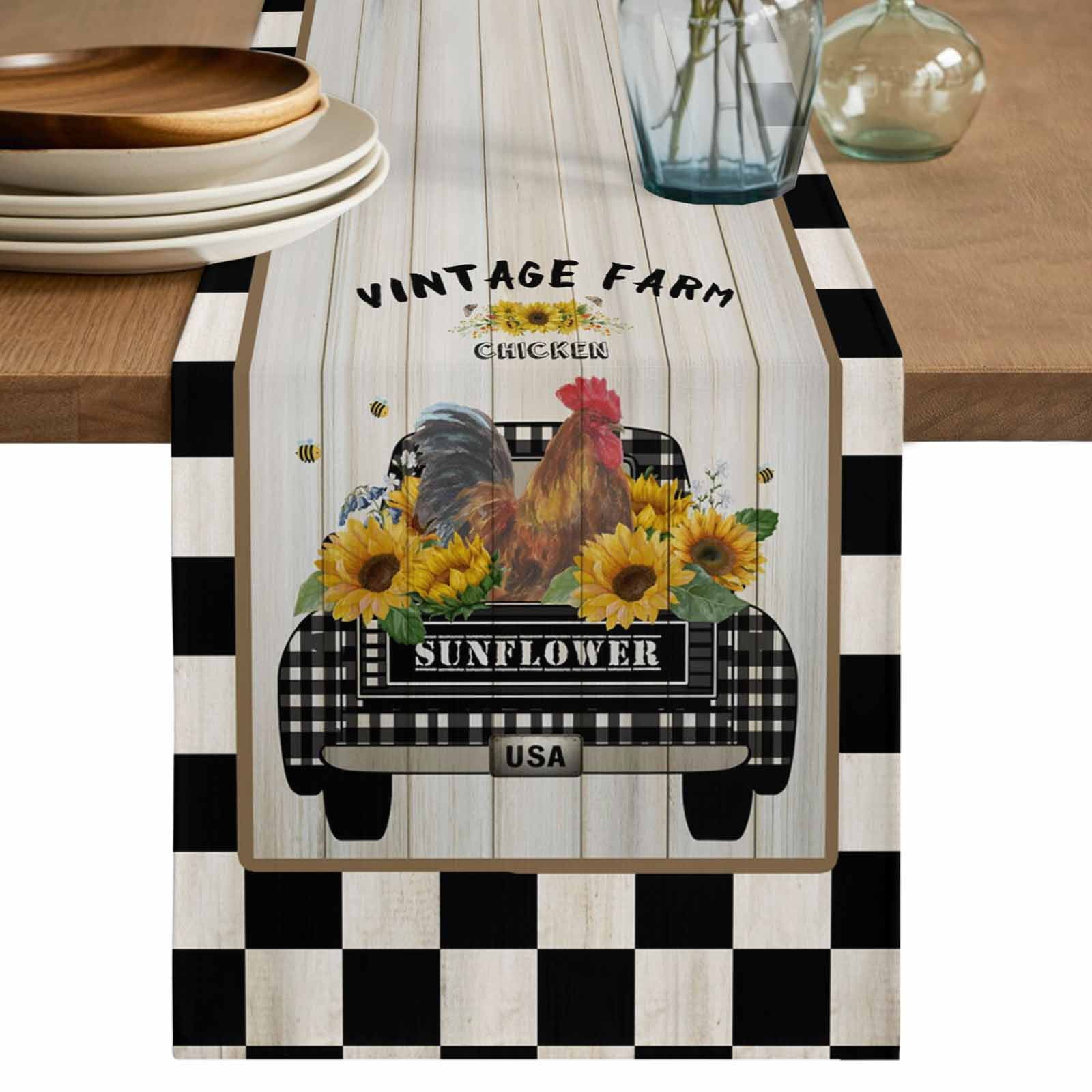Country Chicken Table Runner 90 Inches, Rustic Car Sunflowers Farmhouse ...