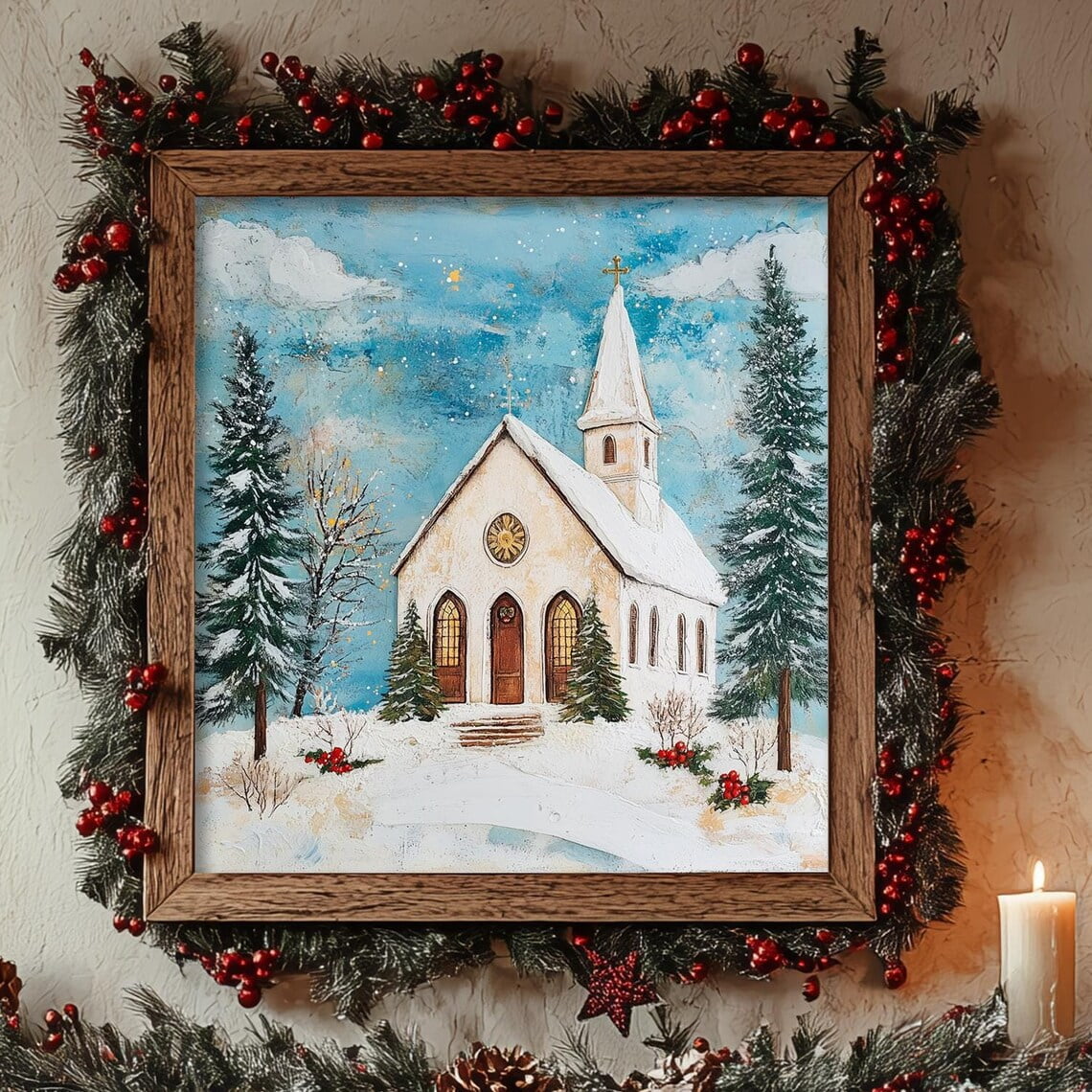 Country Church Scene Oil Painting Wall Art, Large Winter Metal Print ...