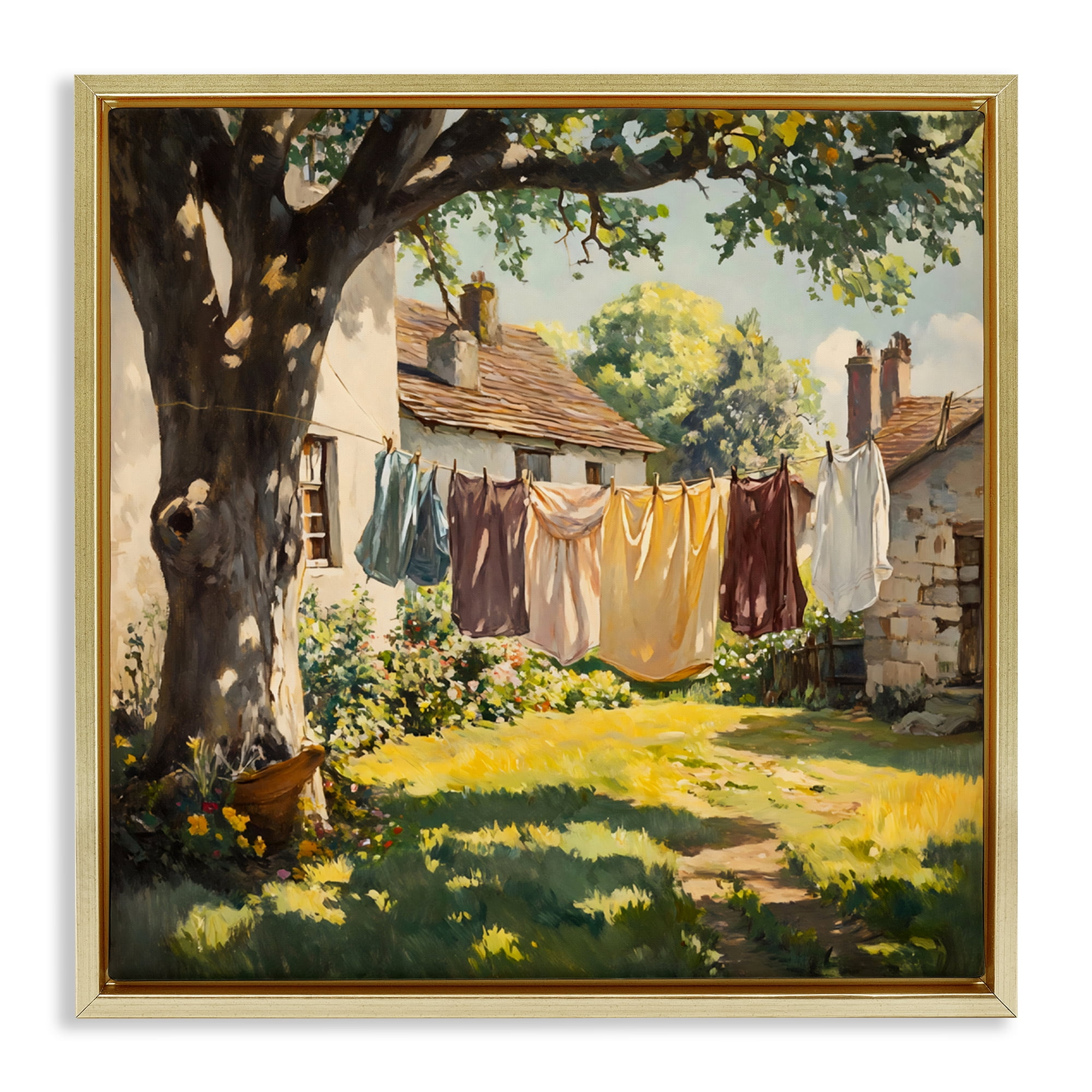 Stupell Industries Country Clothes Line Yard Gold Framed Floater Canvas ...