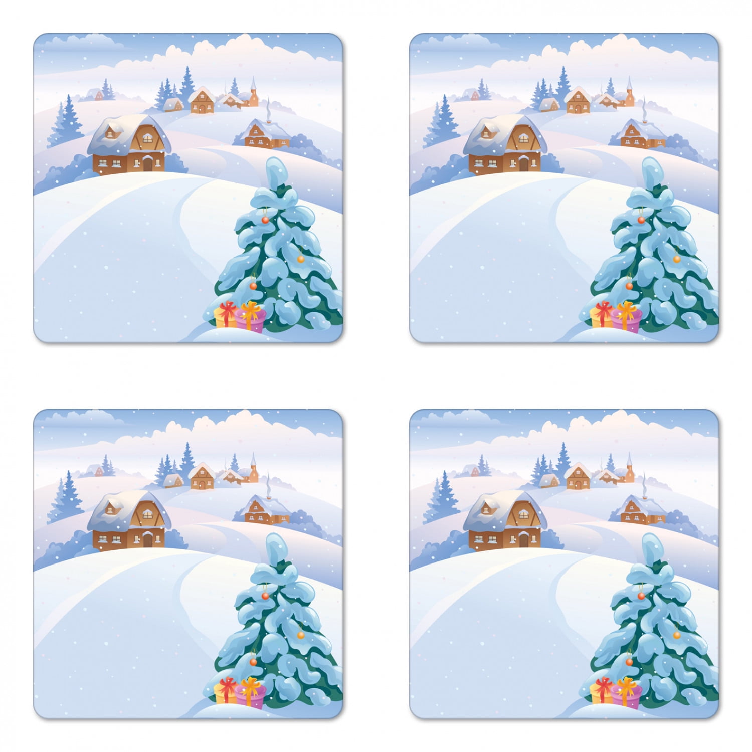 Country Coaster Set of 4, Illustration of a Village on the Hills at ...
