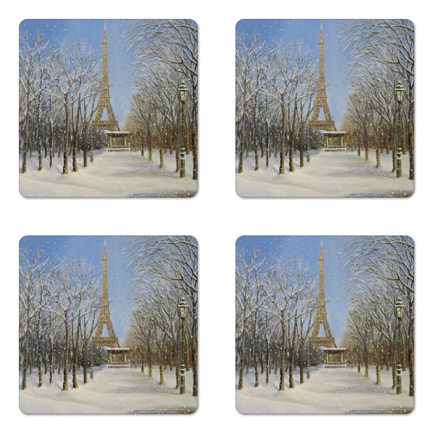 Country Coaster Set of 4, Winter Scene of Historical Eiffel Tower in ...