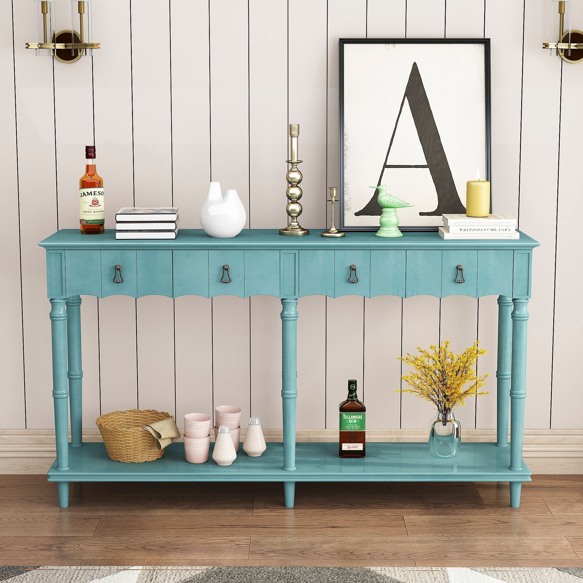 Country Console Table with 4 Front Facing Storage Drawers and 1 Shelf ...