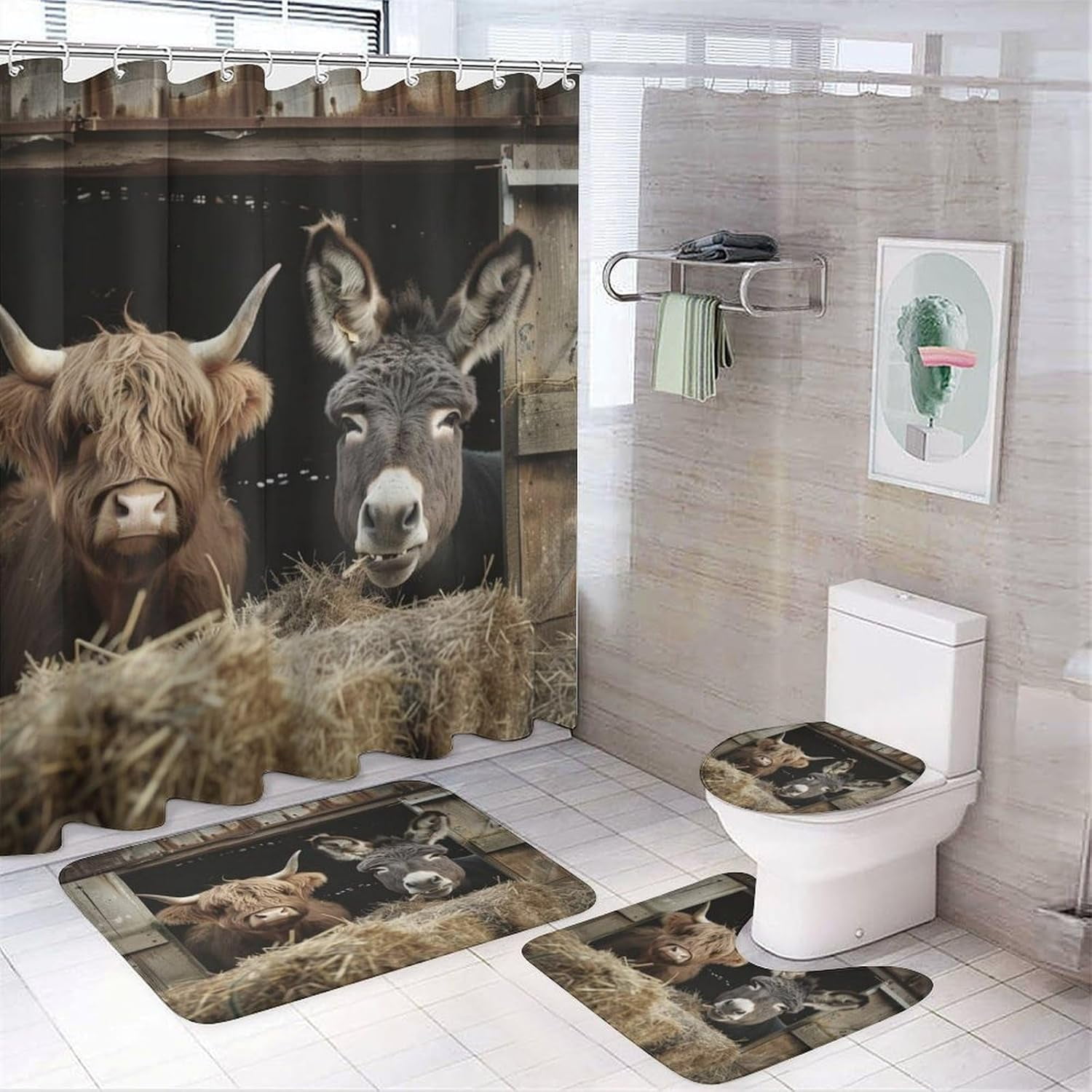 Country Cottage Animal Cow Donkey Shower Curtain Vintage Watercolor 70s ...